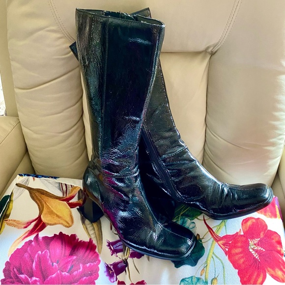 Vintage | Shoes | Y2k Patent Boots Black Wet Look Leather Square Toe ...